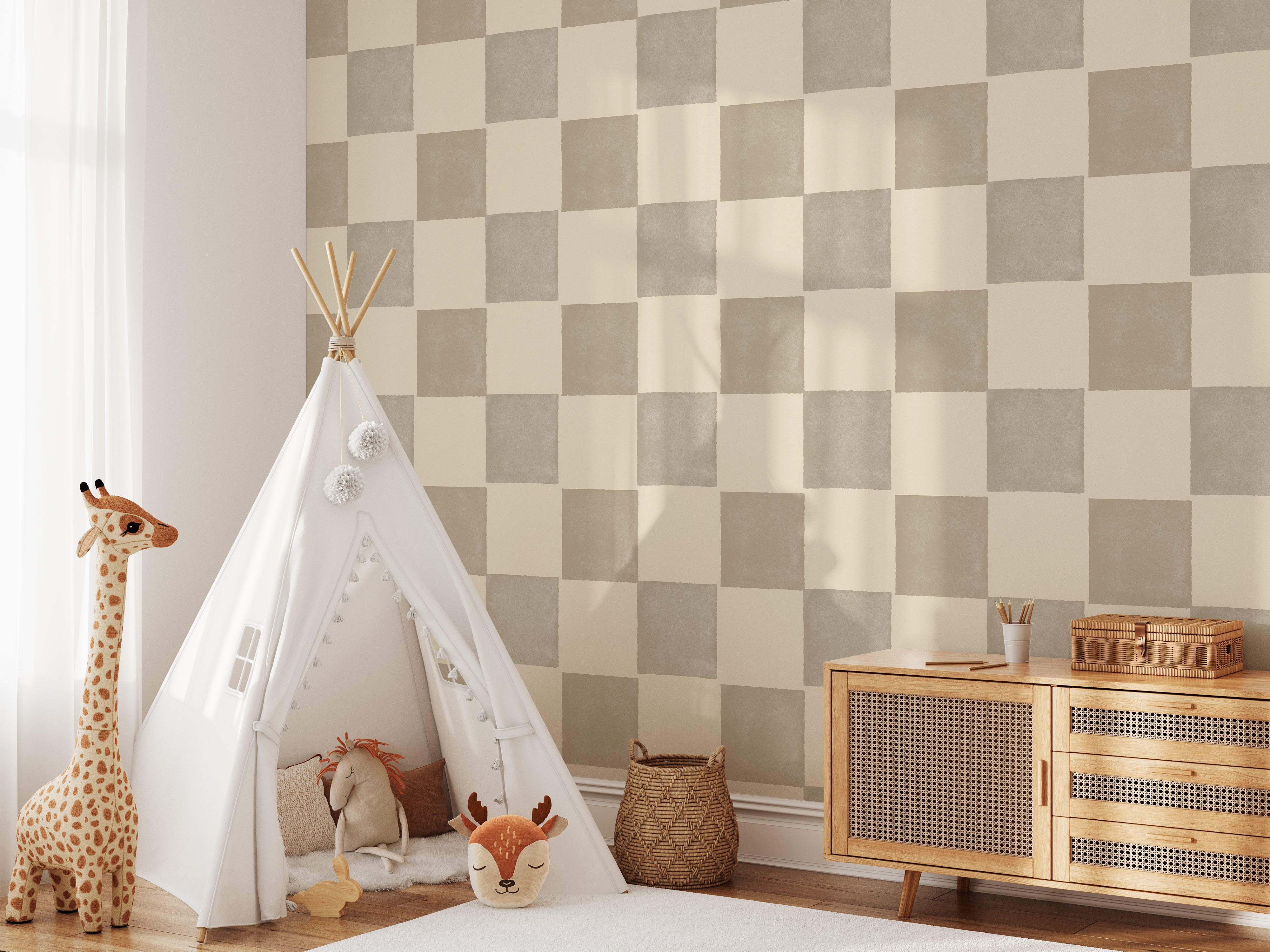 Neutral Tan Checkerboard Wallpaper – Koko Art Shop