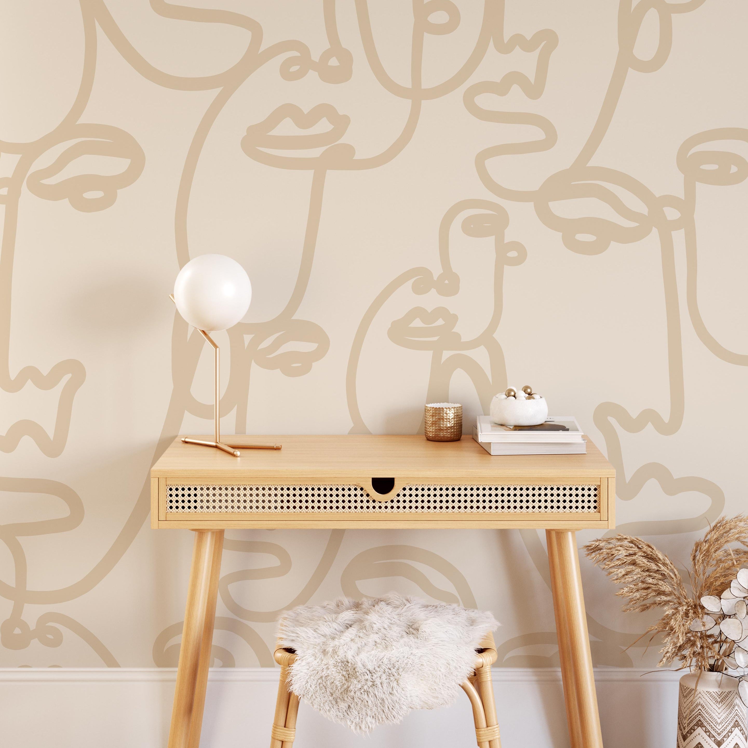 Faces Art Line Drawing in Cream Wallpaper Mural – Koko Art Shop